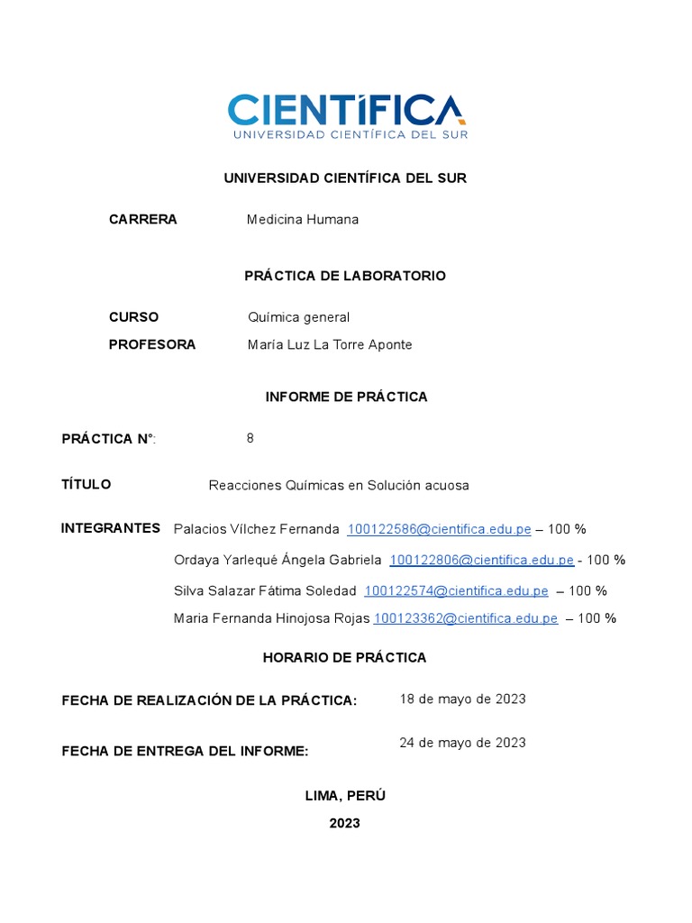 Informe 8 Reacciones Quimicas en Solución Acuosa | PDF | Redox | Ph