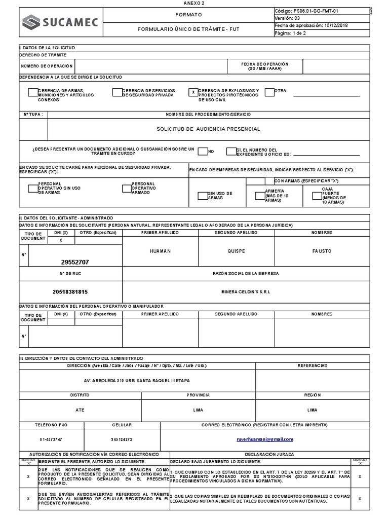 Formulario Único de Trámite (FUT) (1) - PRESECENCIAL | PDF | Justicia | Crimen y violencia