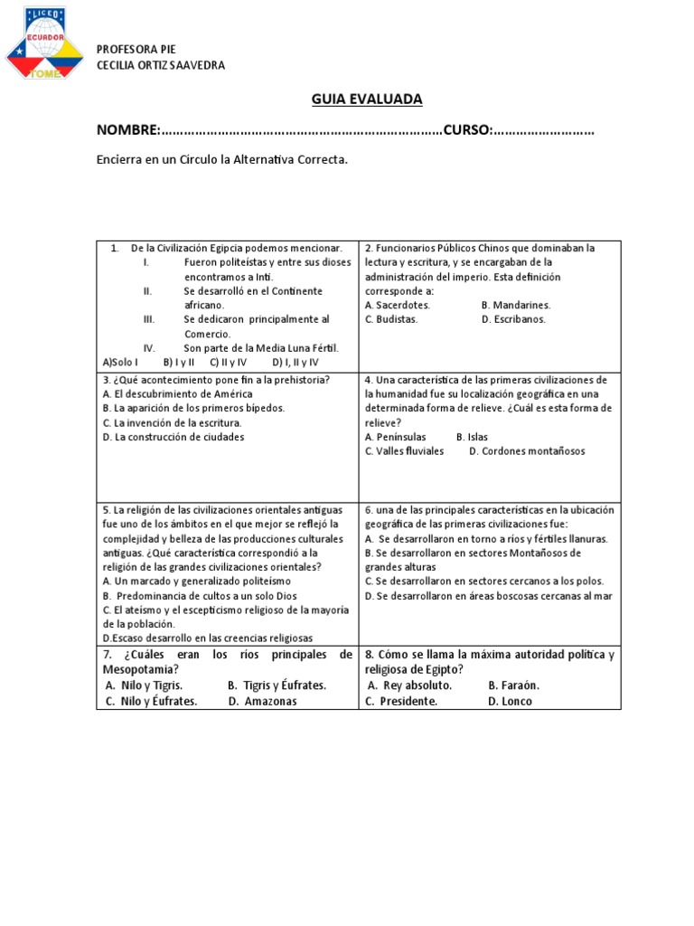 Guia Evaluada Historia 7años | PDF | Antiguo Egipto | Politeísmo