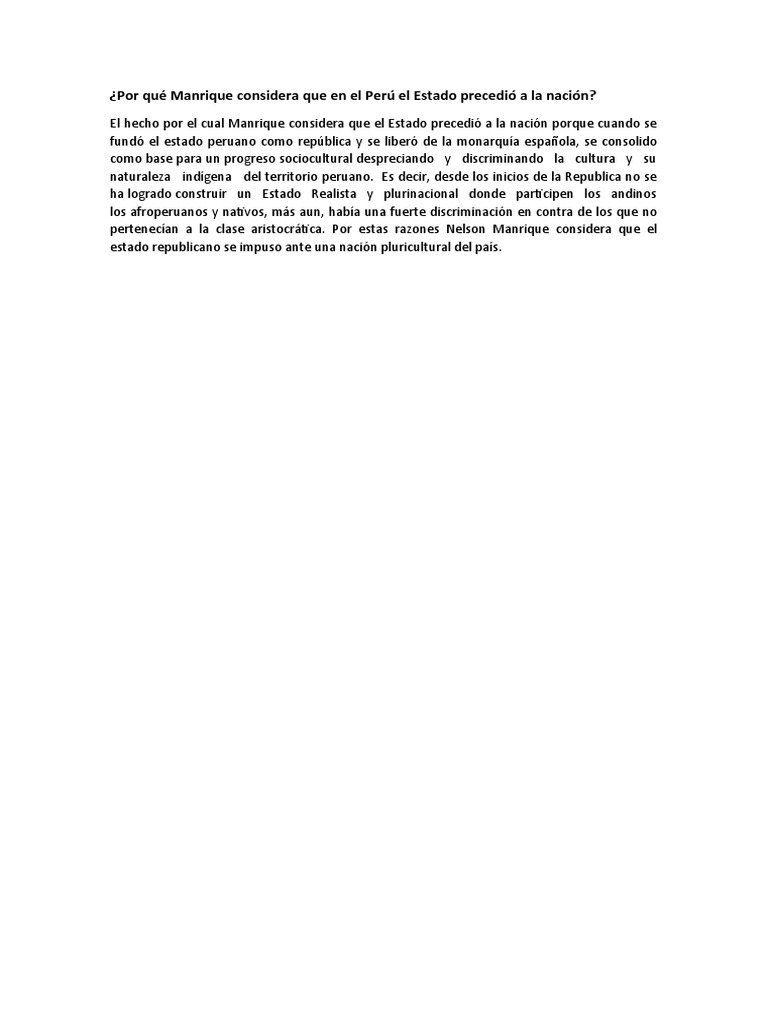 Por Qué Manrique Considera Que en El Perú El Estado Precedió A La ... Por Qué Manrique Considera Que en El Perú El Estado Precedió A La ...