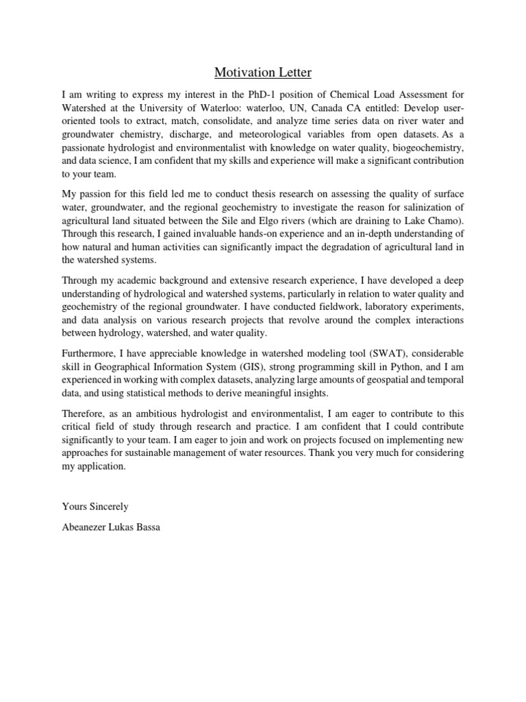 PhD Motivation Letter: Water Resource Management | PDF | Foreign ...