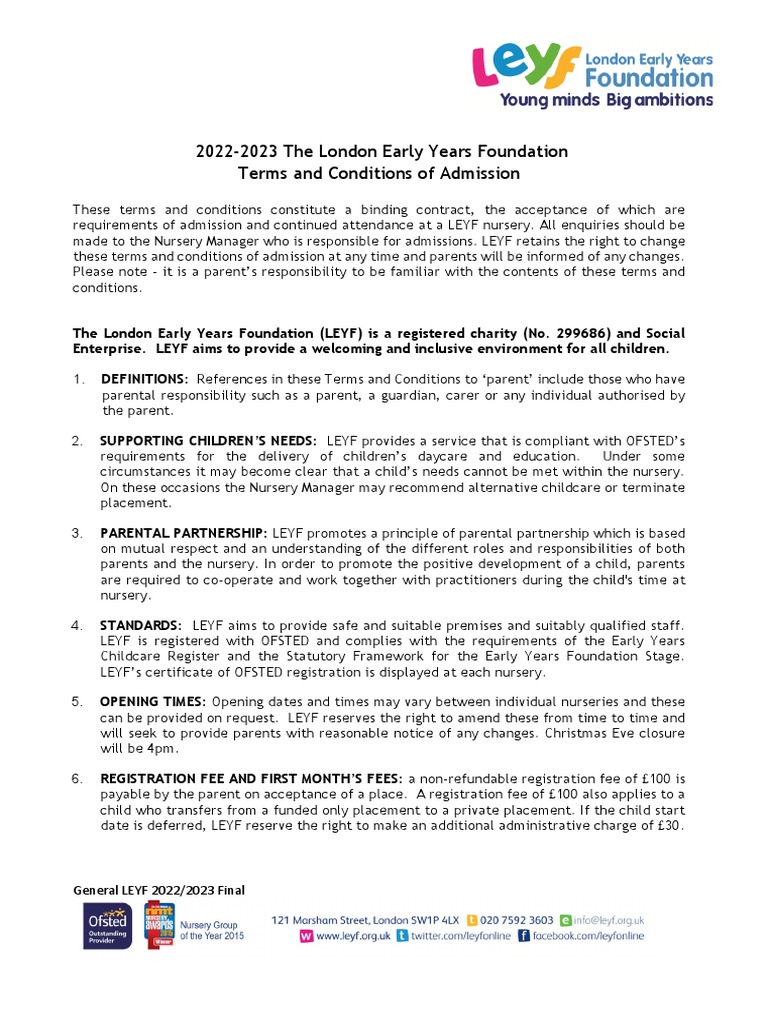 LEYF Terms and Conditions General 2022 2023 v1 0 Final | Download Free PDF | Preschool | Child Care
