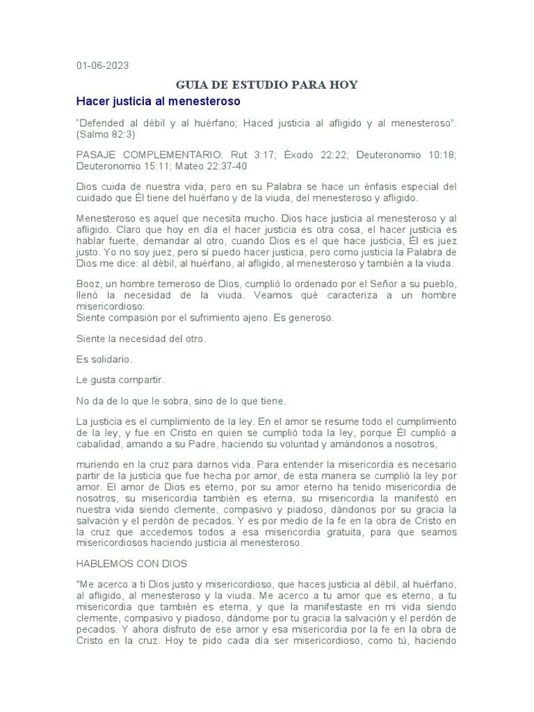 01-06-2023 MIERCOLES DEVOCIONAL Hacer justicia al menesteroso | PDF ...