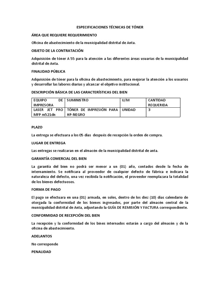 Especificaciones Técnicas de Tóner | PDF