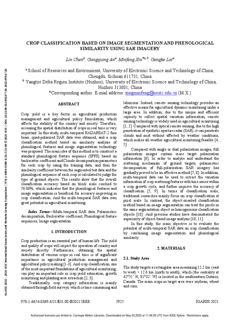 Crop Classification Based On Image Segmentation and Phenological Similarity Using SAR Imagery ...