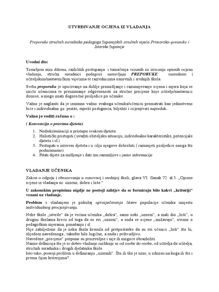 Ocjene Iz Vladanja I Preporuke ŽSV Stručnih Suradnika Pedagoga PGŽ I ...