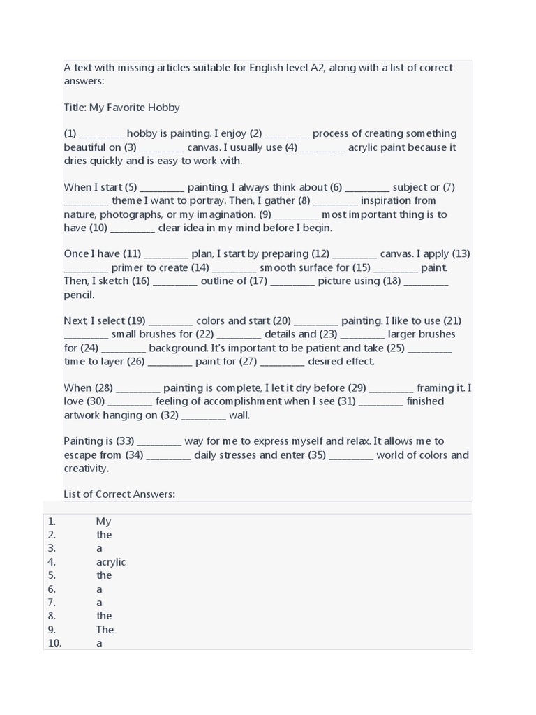 A Text With Missing Articles Suitable For English Level A2 | PDF ...