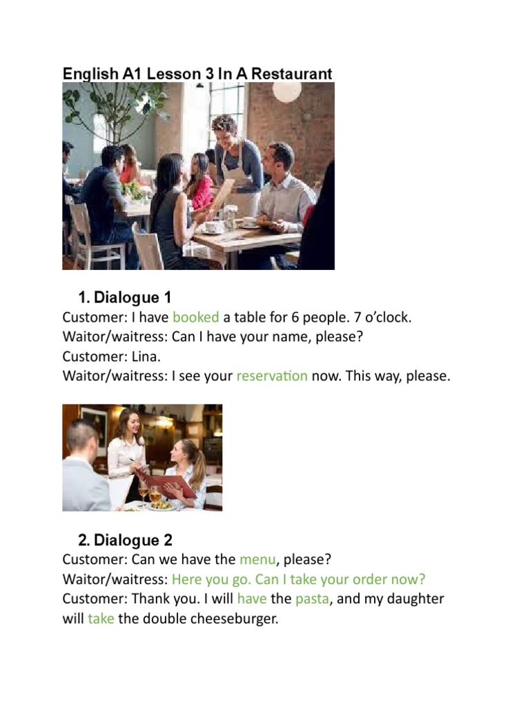 English A1 Lesson 3 in A Restaurant | PDF | Cooking, Food & Wine