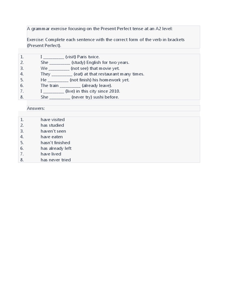 A Grammar Exercise Present Perfect A2 Level | PDF