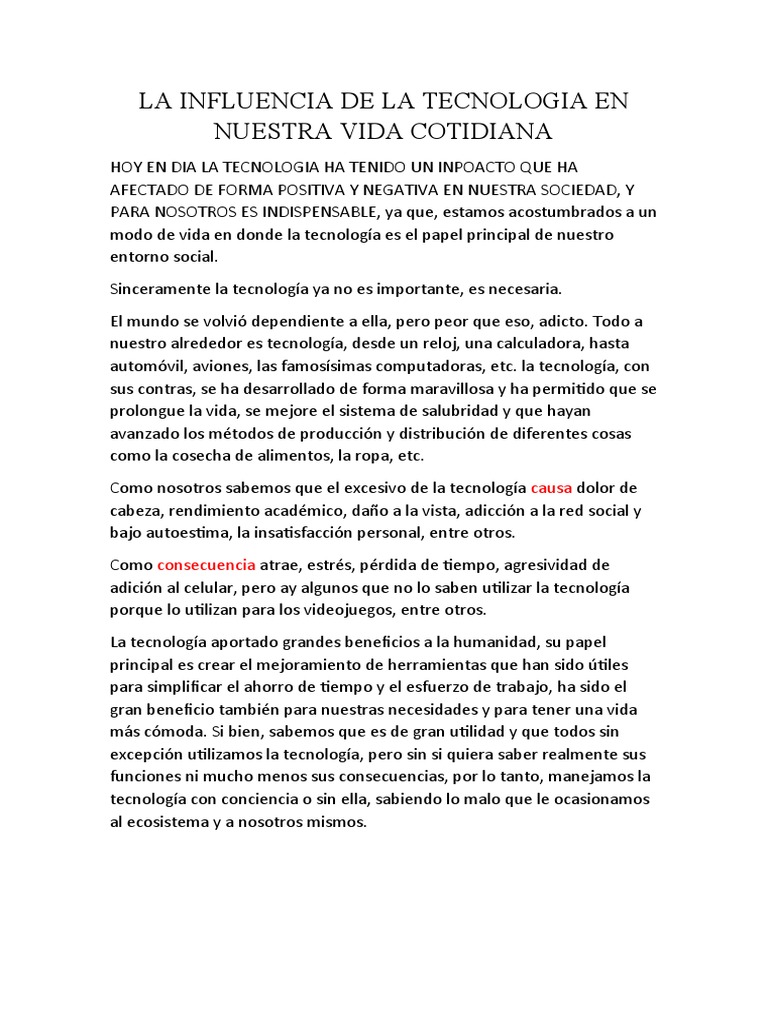 LA INFLUENCIA DE LA TECNOLOGIA EN NUESTRA VIDA COTIDIANA | PDF