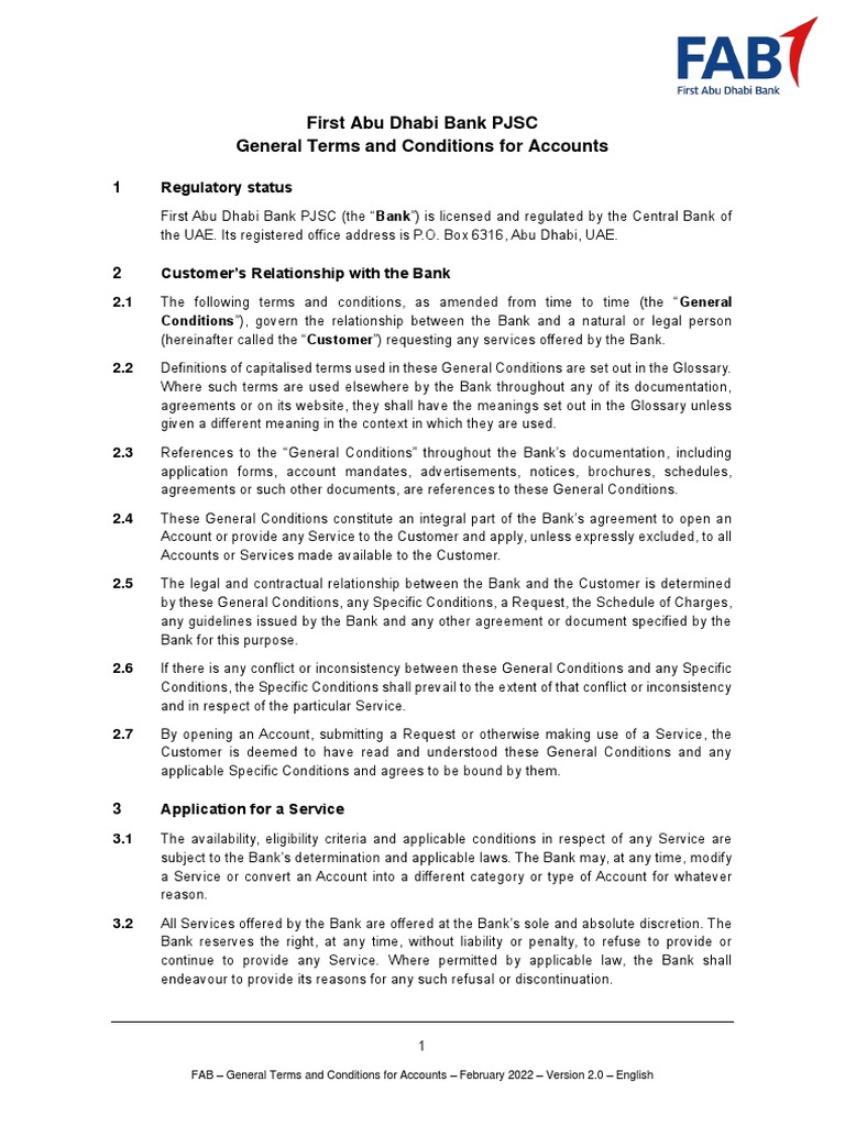 FAB General Terms and Conditions For Accounts | PDF | Overdraft | Banks