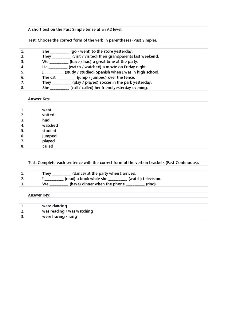 A Short Test On The Past Simple, Past Continuous A2 Level | PDF