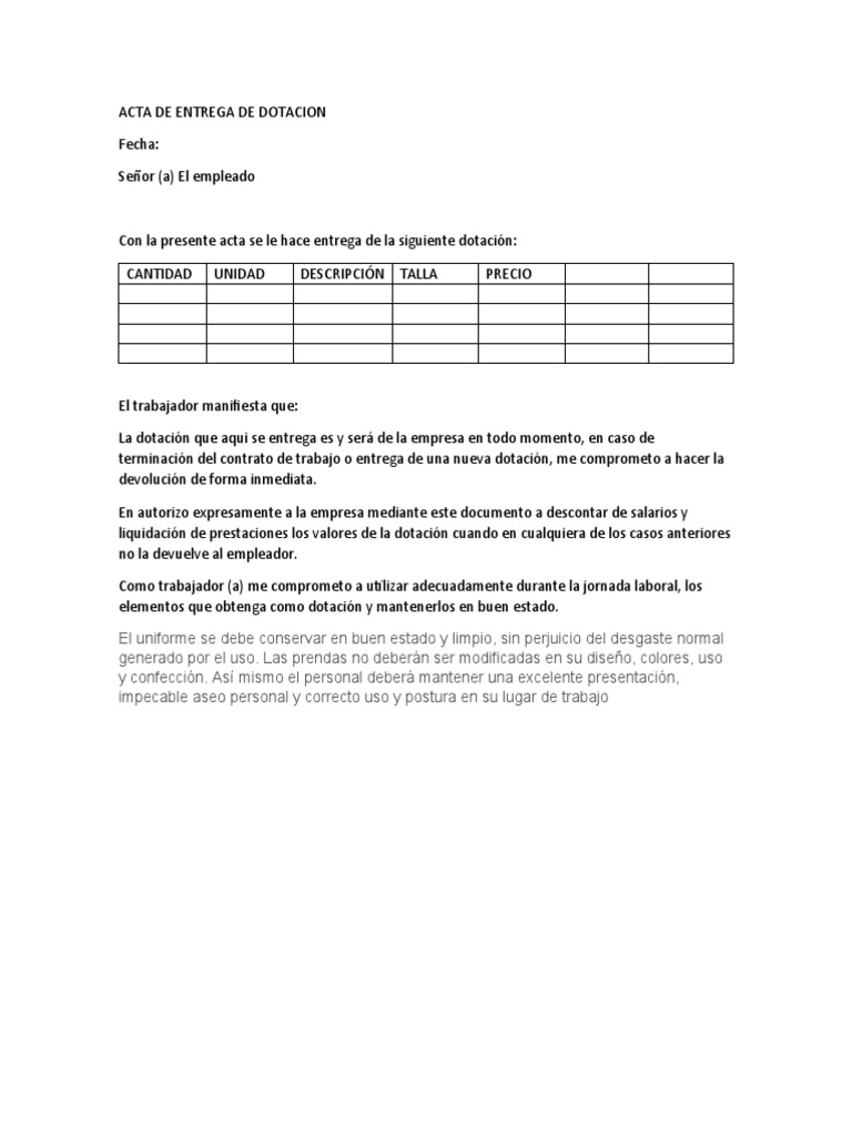 Acta De Entrega De Uniformes Pdf