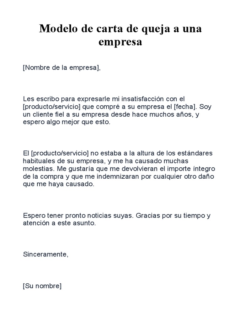 Modelo De Carta De Queja Formal Pdf