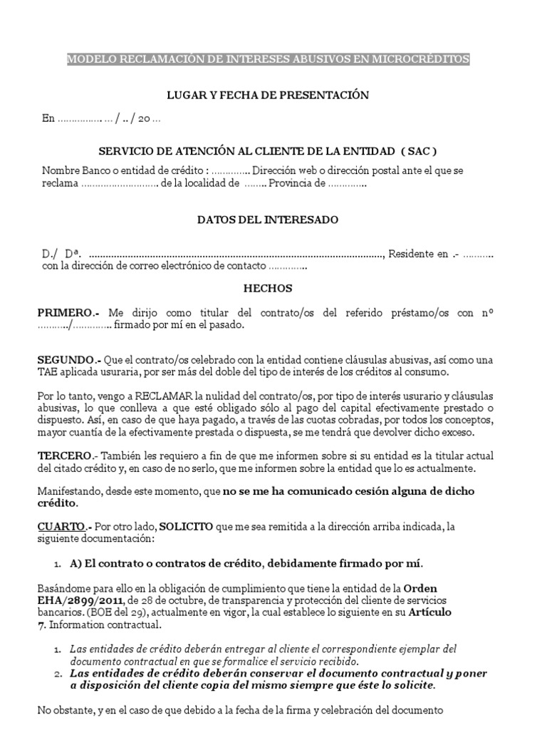 Modelo de reclamación por intereses abusivos | PDF | Bancos | Interés