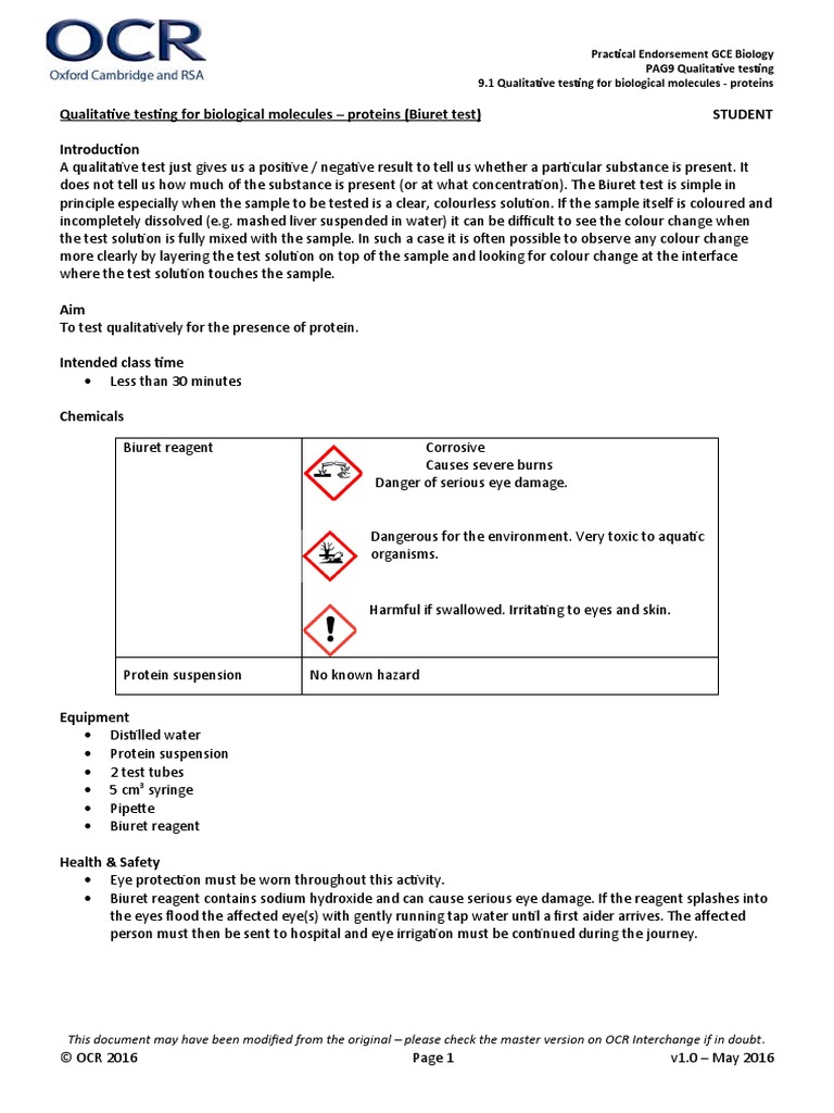 PAG9 1 Student Qualitative Testing Proteins v1 0 | PDF