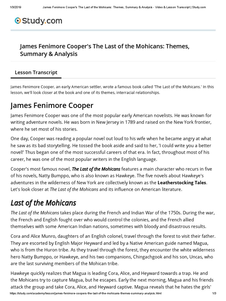 4james Fenimore Cooper's The Last of The Mohicans - Themes, Summary ...