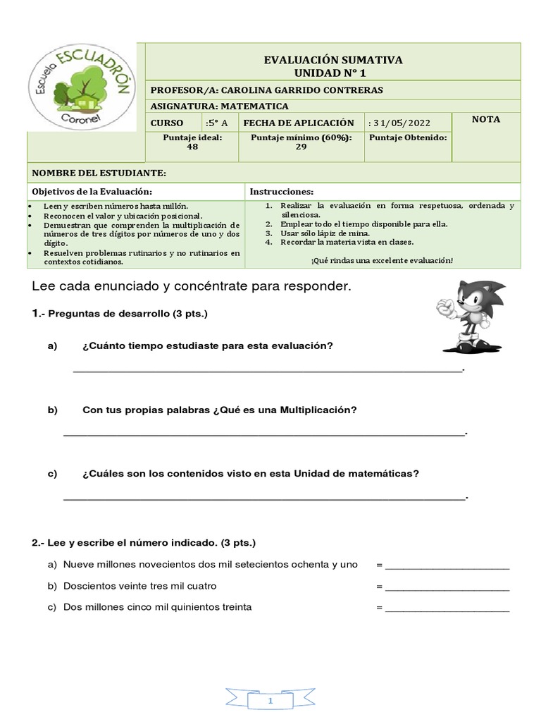 1 Evaluación Sumativa Matematica Unidad 1 2022 Pdf Matemáticas 6685