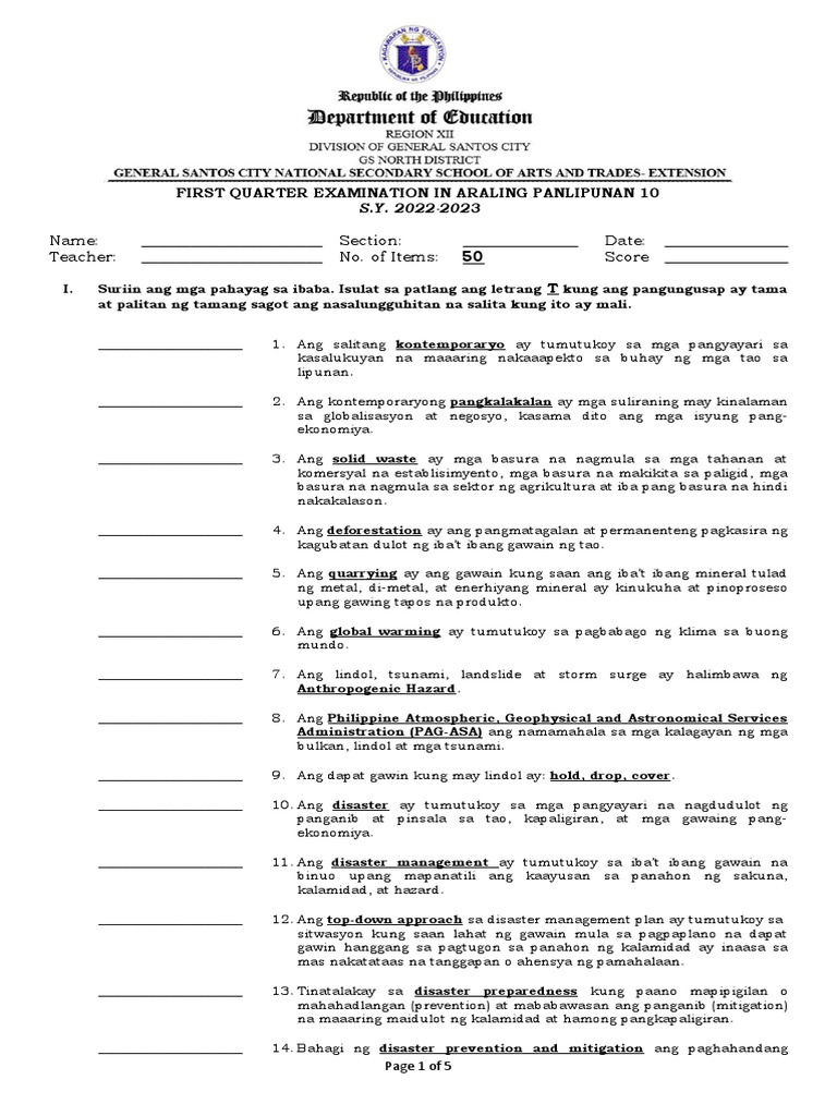 AP10 Q1 Exam | PDF