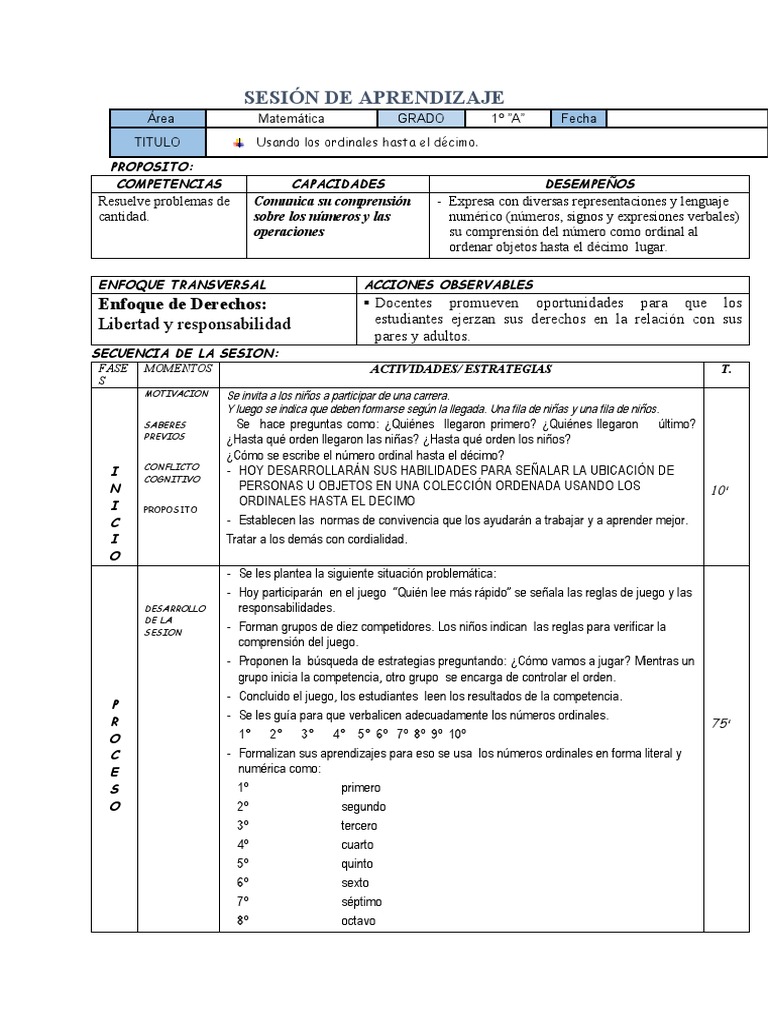 SESIÓN de APRENDIZAJE Usando Los Ordinales Hasta El Décimo PRIMERO A | PDF
