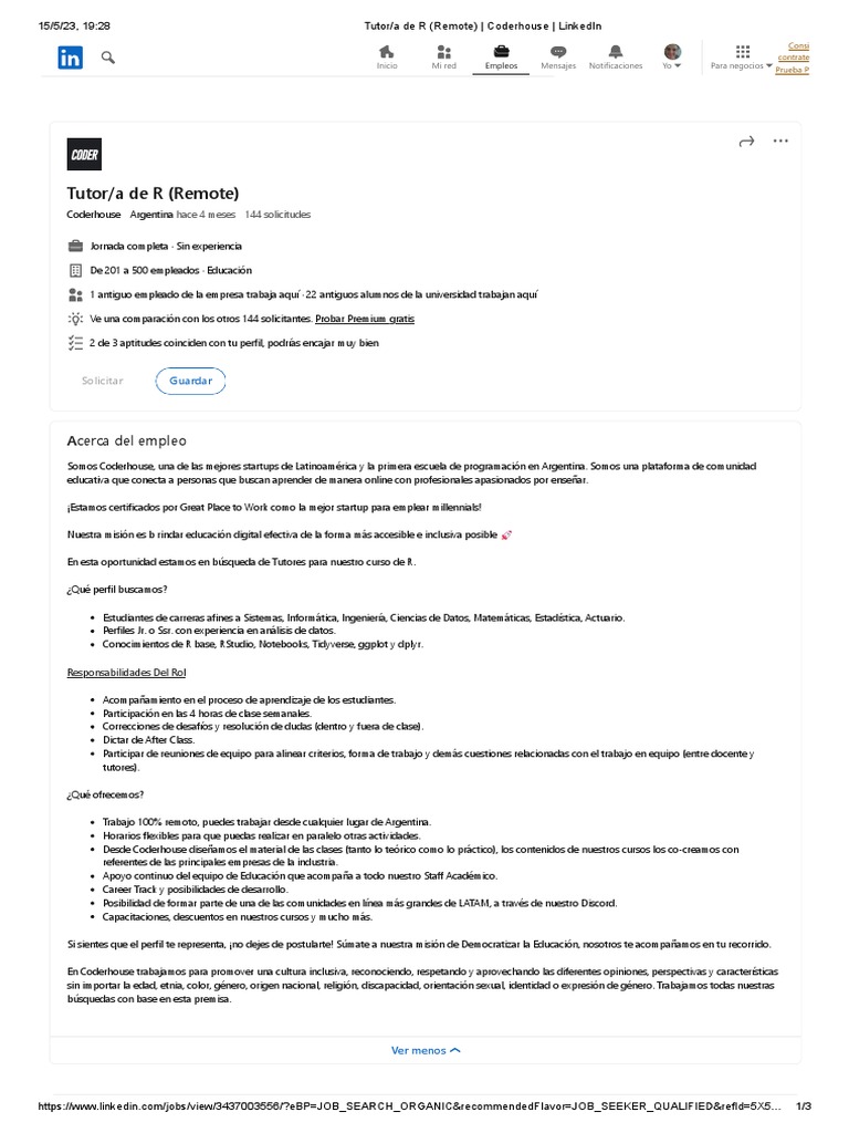 Tutor - A de R (Remote) - Coderhouse - LinkedIn | PDF