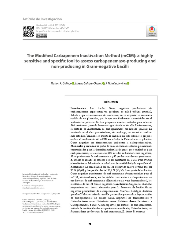 The Modified Carbapenem Inactivation Method (mCIM) A Highly Sensitive and Specific Tool To ...