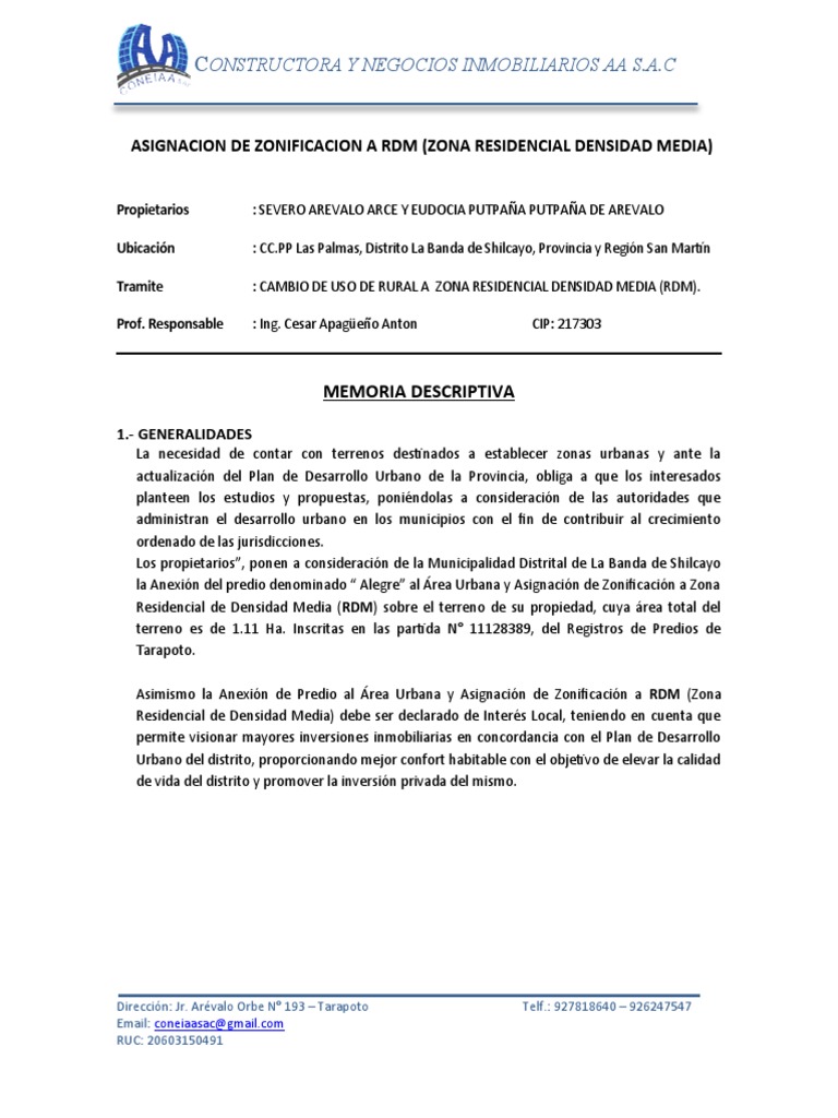 Modelo de Memoria-Descriptiva-Cambio-de-Uso | PDF | Zonificación | Planificación urbana