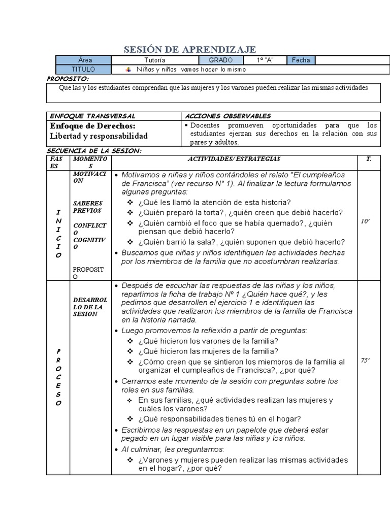 Sesión de Aprendizaje Niñas y Niños Vamos Hacer Lo Mismo Primero A | PDF | Modificación de ...