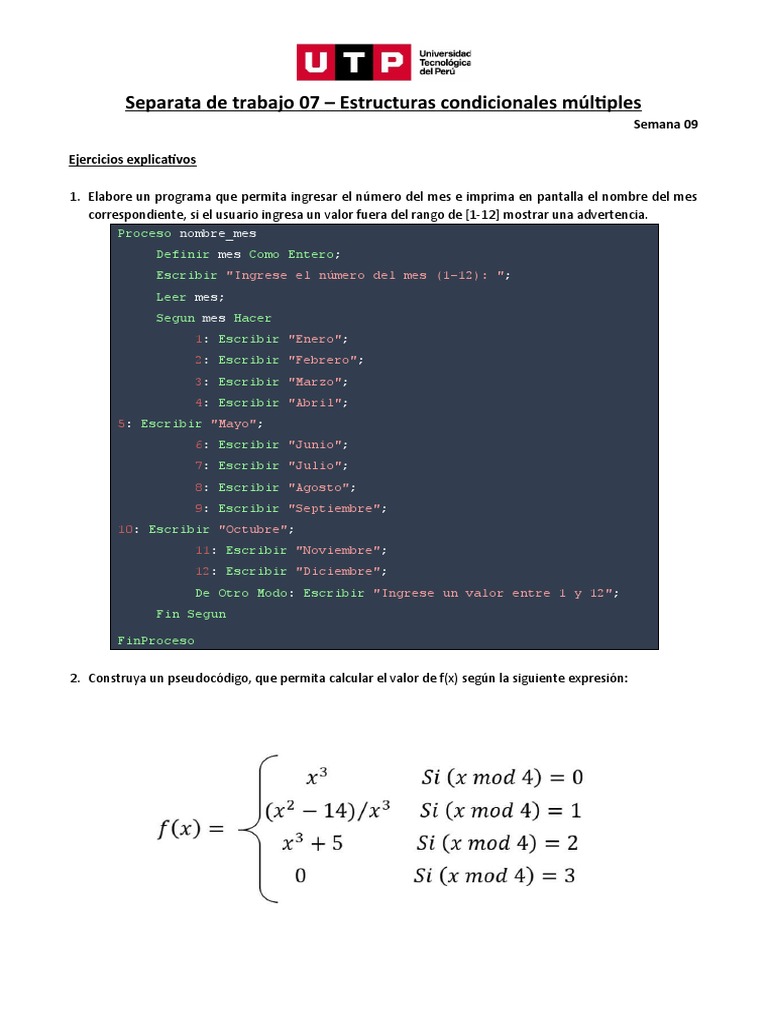 Cuestionario de Práctica de Principios de Algoritmos (Estructura Condicional Multiple Según ...