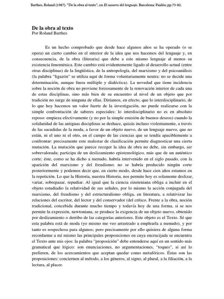De la obra al texto: Barthes y el lenguaje | PDF | Los símbolos | Autor