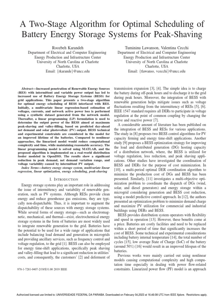 A Two-Stage Algorithm For Optimal Scheduling of Battery Energy Storage Systems For Peak-Shaving ...