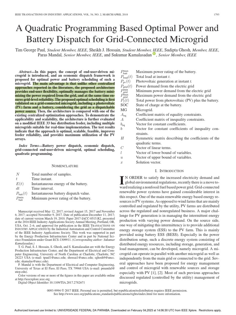 A Quadratic Programming Based Optimal Power and Battery Dispatch For Grid-Connected Microgrid ...