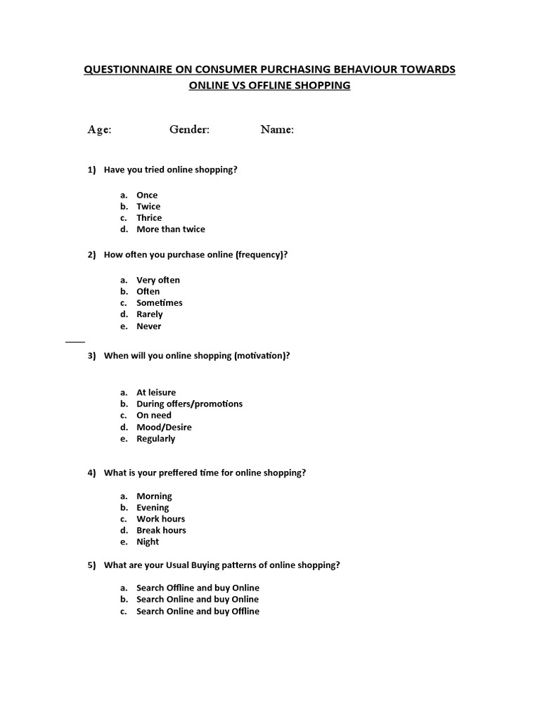 QUESTIONNAIRE ON Questionnaire 2 | PDF | Online Shopping | Consumer Behaviour