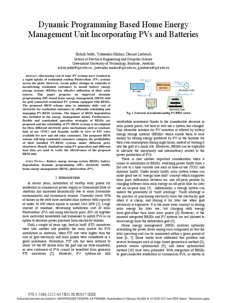 Dynamic Programming Based Home Energy Management Unit Incorporating PVs and Batteries | PDF