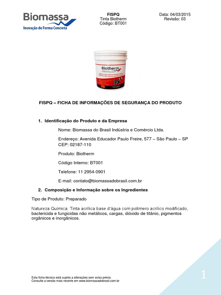 FISPQ Tinta Biotherm Rev03 | PDF | Tinta | Química
