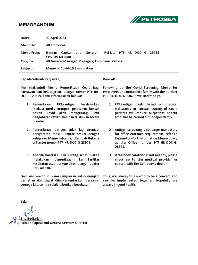 Covid-19 Screening Update Memo | PDF | Bisnis