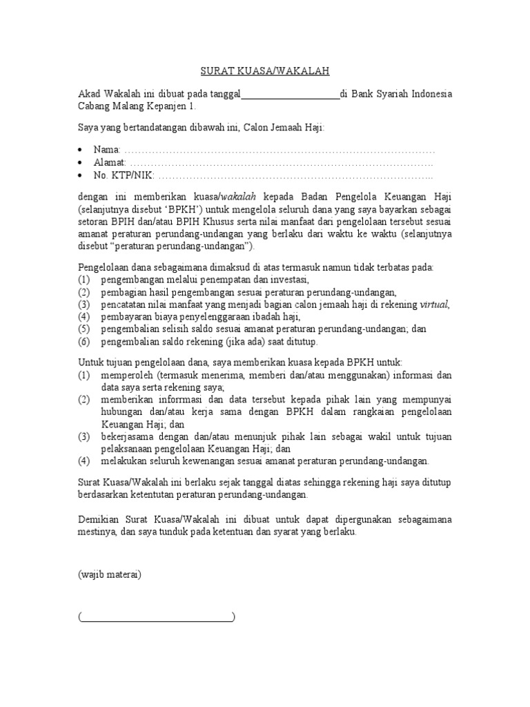 Akad Wakalah Pendaftaran Porsi Haji Bsi New | PDF