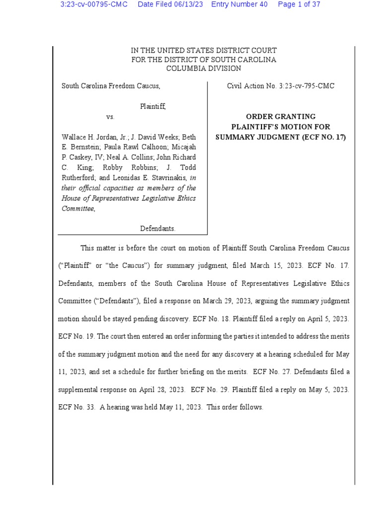 Order Granting Plaintiff's Motion | PDF | Summary Judgment | Standing (Law)