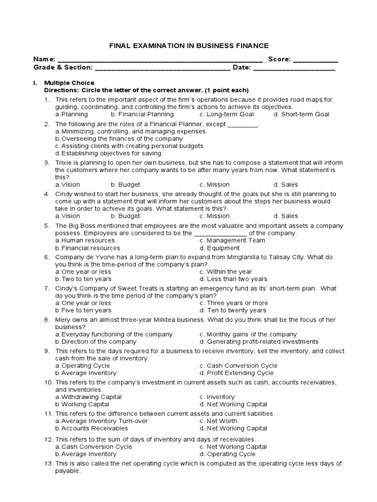Business Finance Final Exam | PDF Business Finance Final Exam | PDF