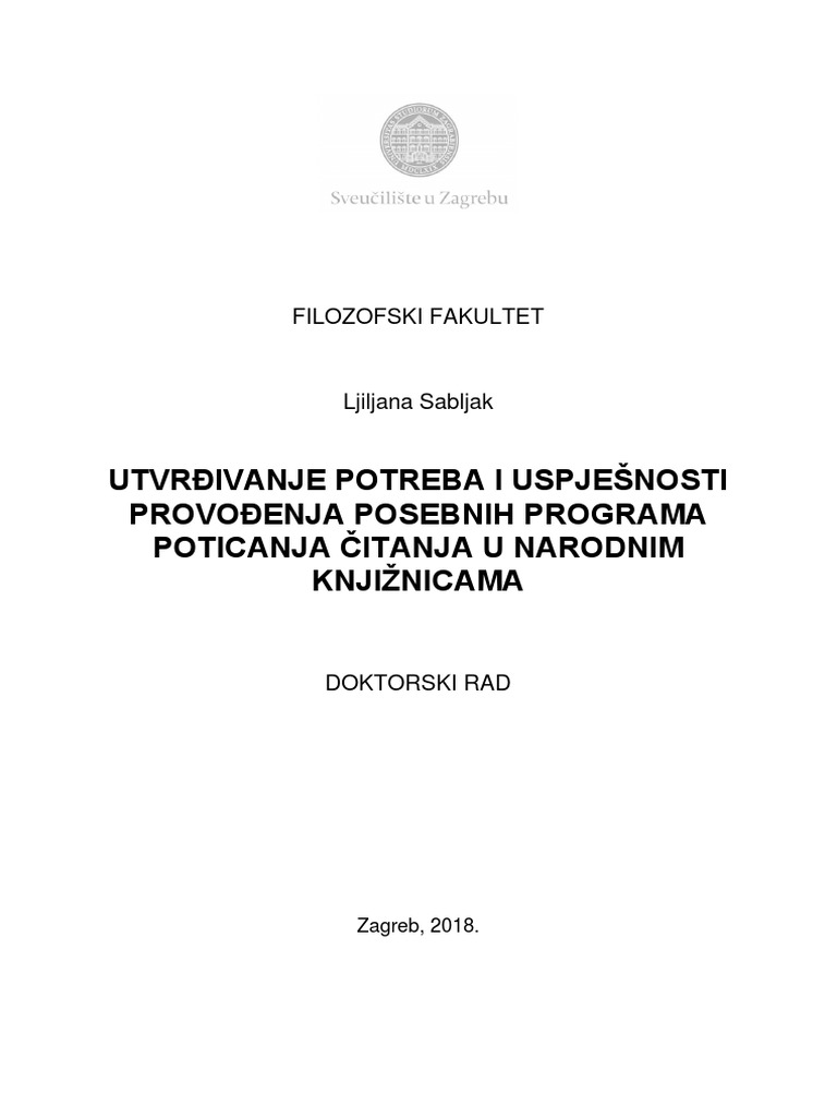 Ljiljana Sabljak .Utvrđivanje Potreba I Uspješnosti Provođenja Posebnih Programa Poticanja ...
