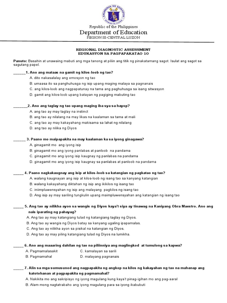 Diagnostic Assessment EsP Grade 10 | PDF