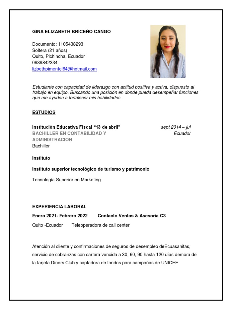 Hoja de Vida Gina Elizabeth Briceño Cango | PDF