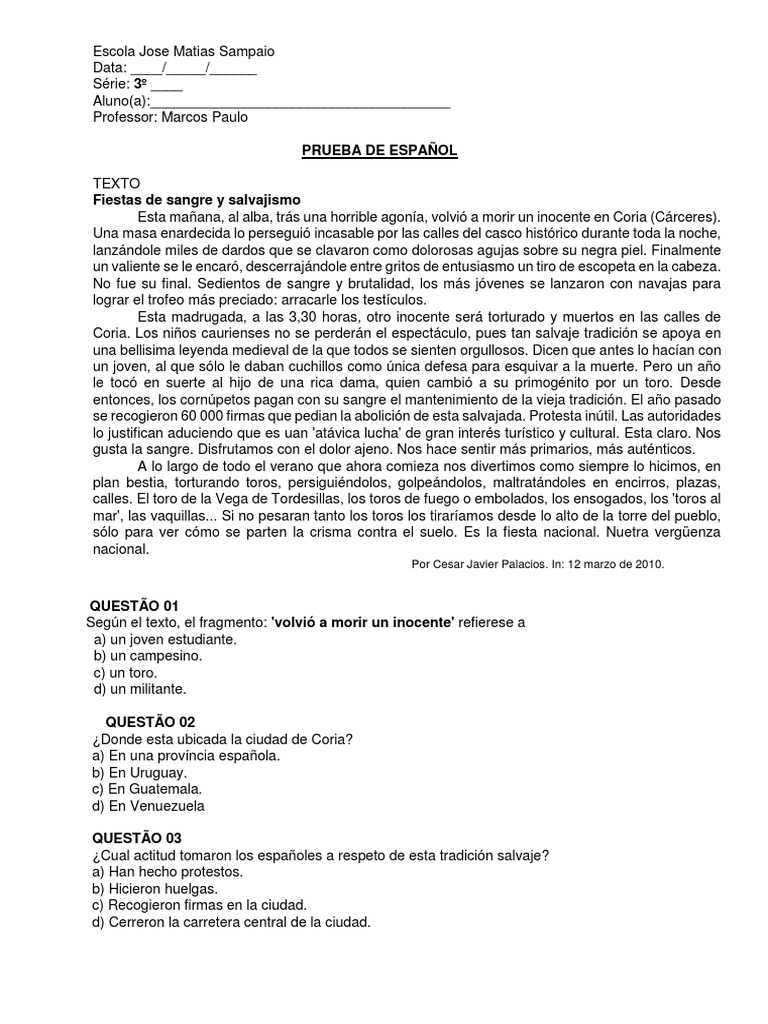 3º série- prueba de español | PDF