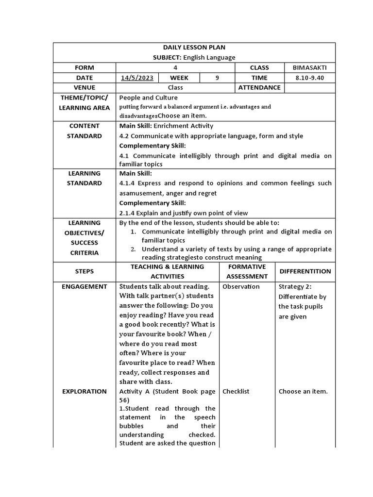 RPH Form 4 WEEK 9 | PDF