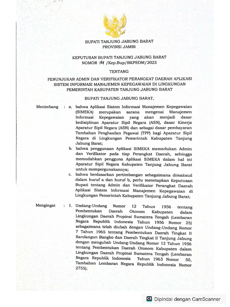 SK Penunjukan Admin Dan Verifikator PD Aplikasi SIMEKA | PDF