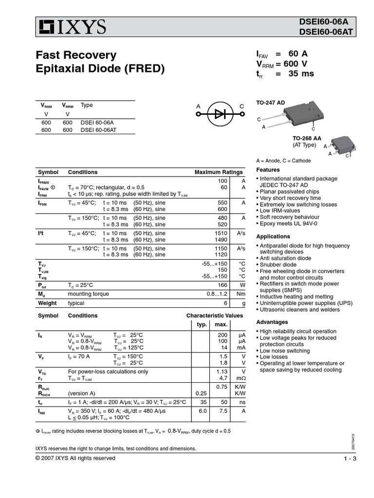 IXYS DSEI60 06A Datasheet | PDF | Computer Engineering | Electricity