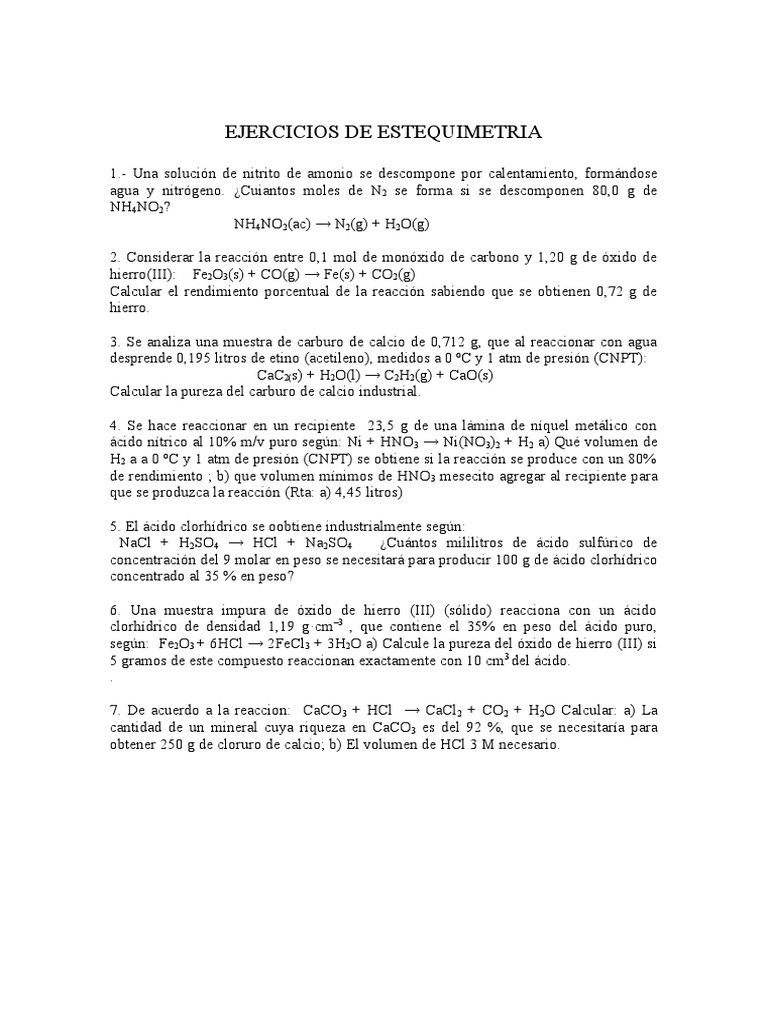 Serie de Ejercicios Sobre Estequiometría. | PDF