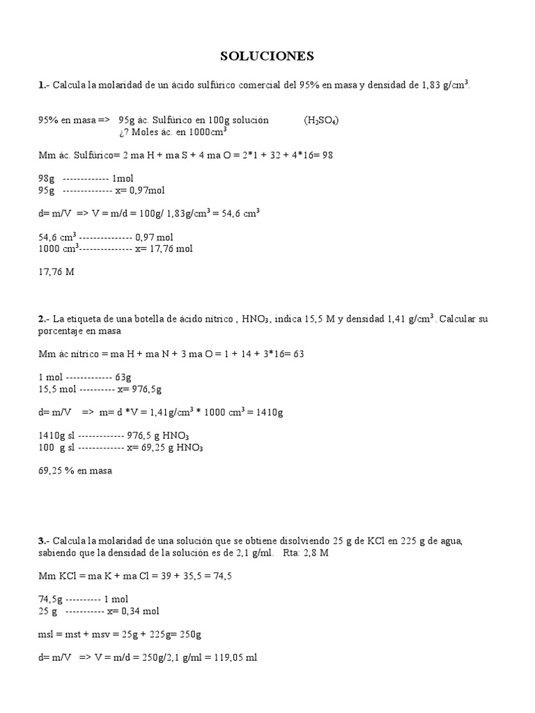Guía de Problemas Sobre Concentración de Soluciones (Resueltos)) | PDF | Química Física ...