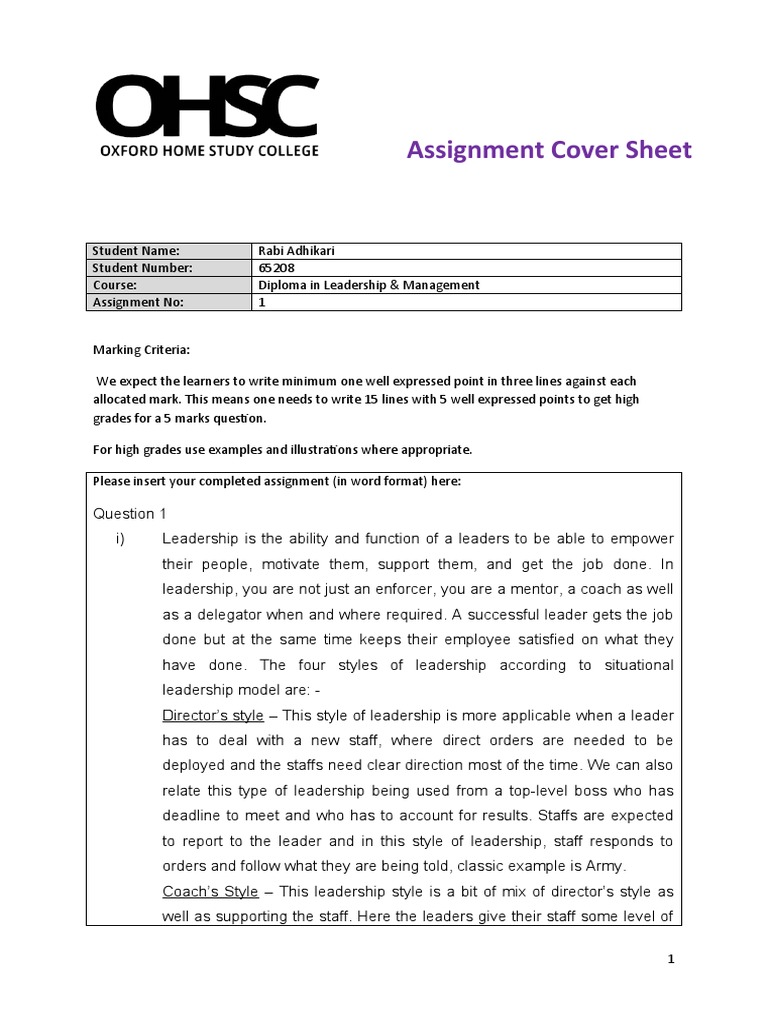 Ohsc Assignment Coversheet1 | PDF | Leadership | Thought