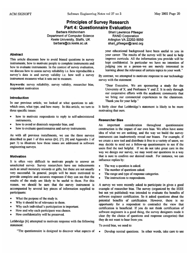 p20 Kitchenham | PDF | Survey Methodology | Validity (Statistics)